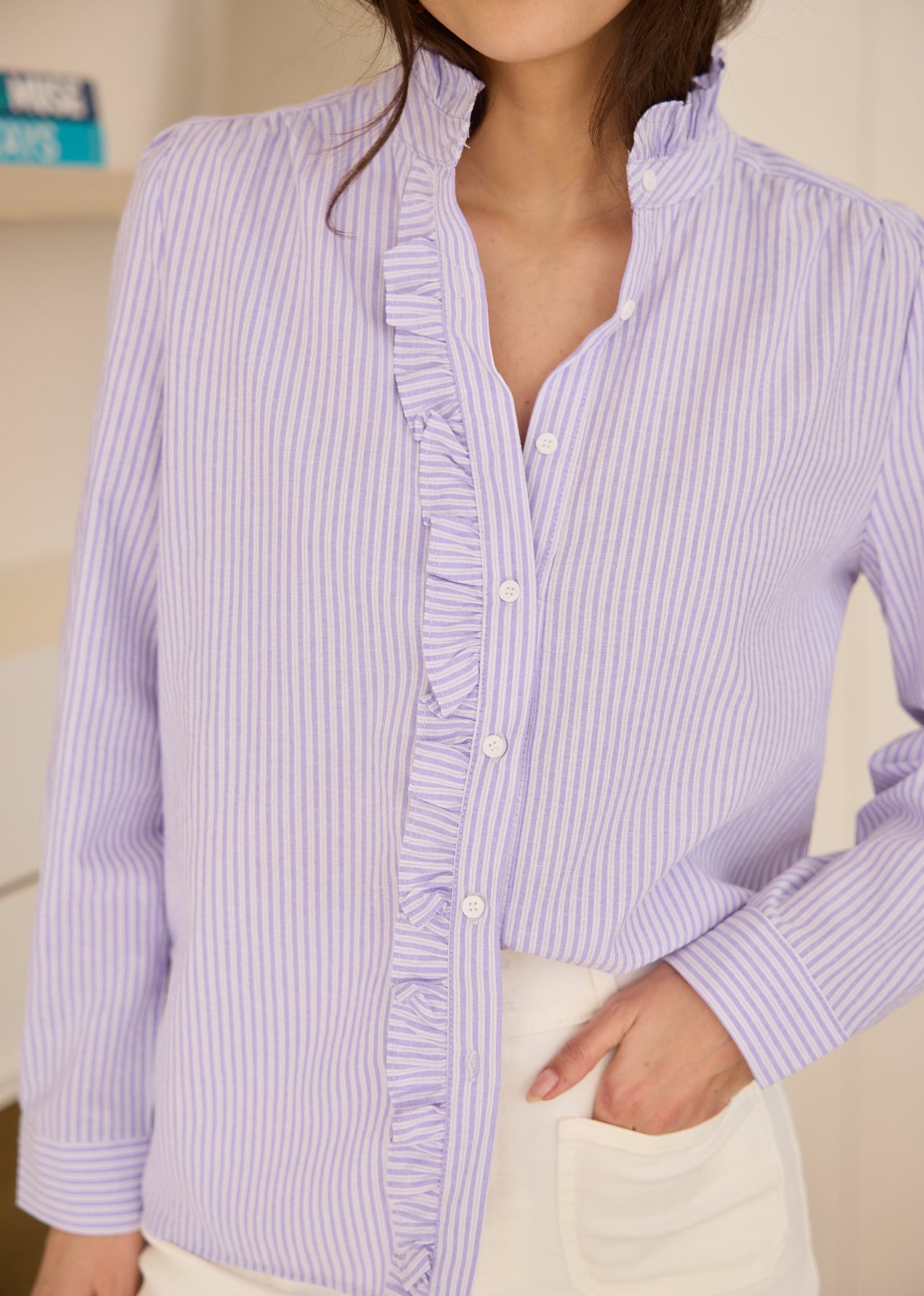 Chemise à rayures en coton violet col rond volanté - Céline | Motus ...