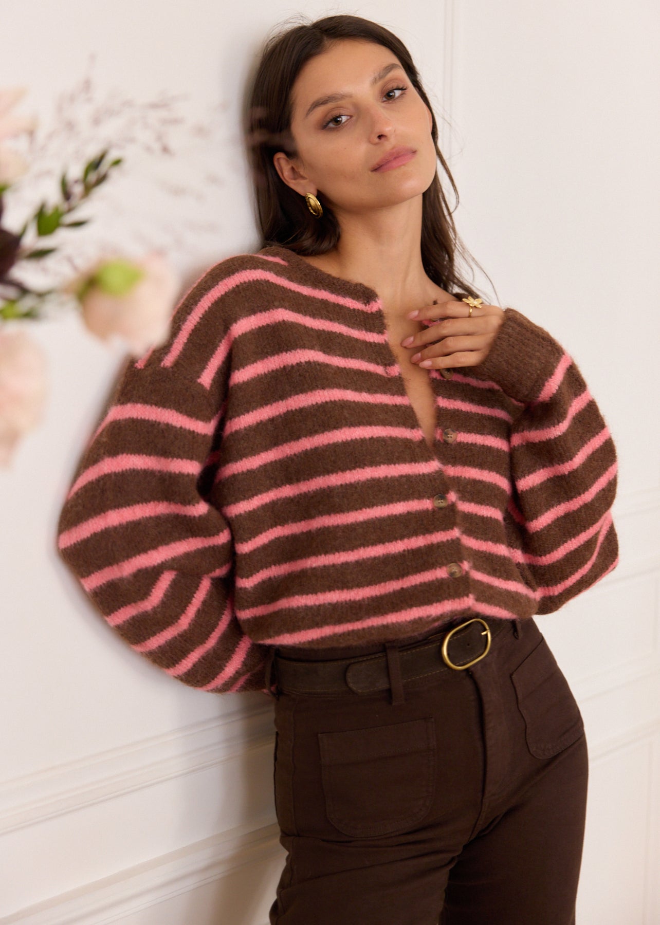 Brown wool vest with pink stripes and long sleeves - Henry | Motus Boutique